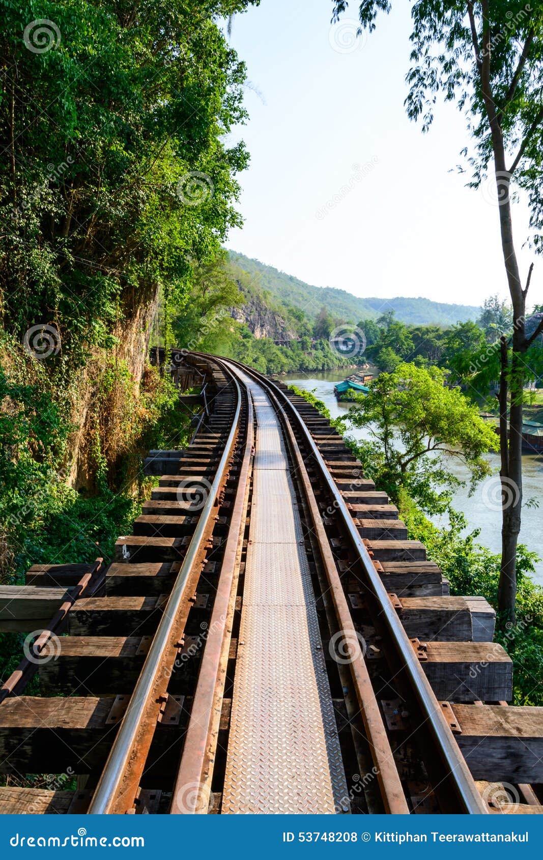 Train Track with River and Mountain View in Thailand Stock Photo ...