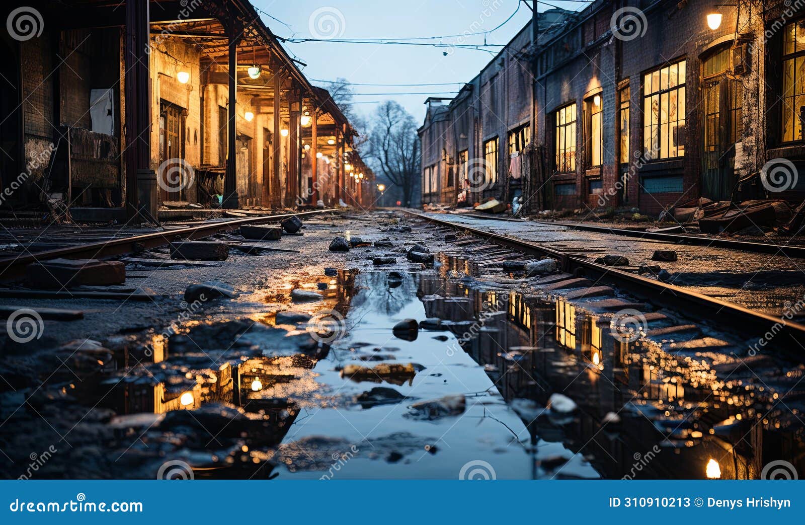 Train Track with Water Puddle Stock Image - Image of railway, weather ...