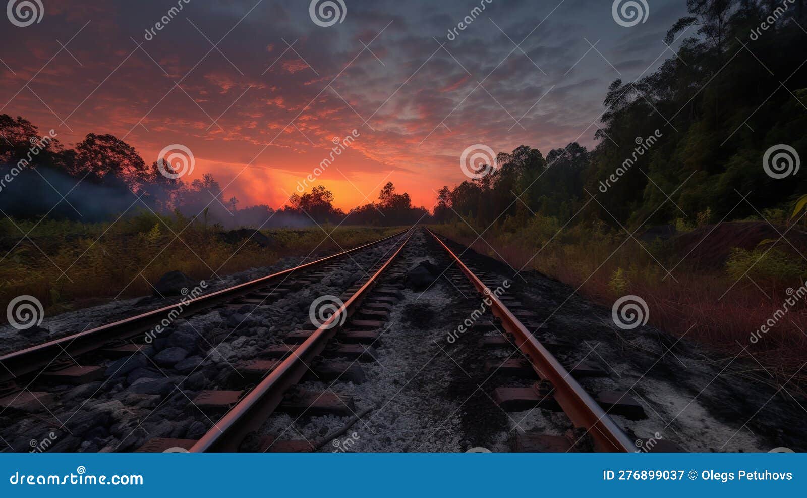 A Train Track with the Sun Setting in the Distance Behind it Stock ...