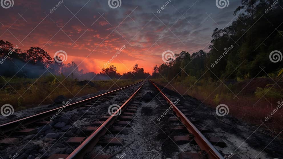 A Train Track with the Sun Setting in the Distance Behind it Stock ...