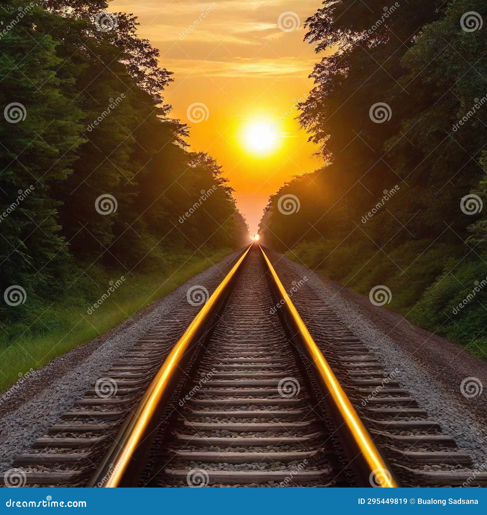 Train Track with the Sun Setting Over the Horizon and Trees in the ...