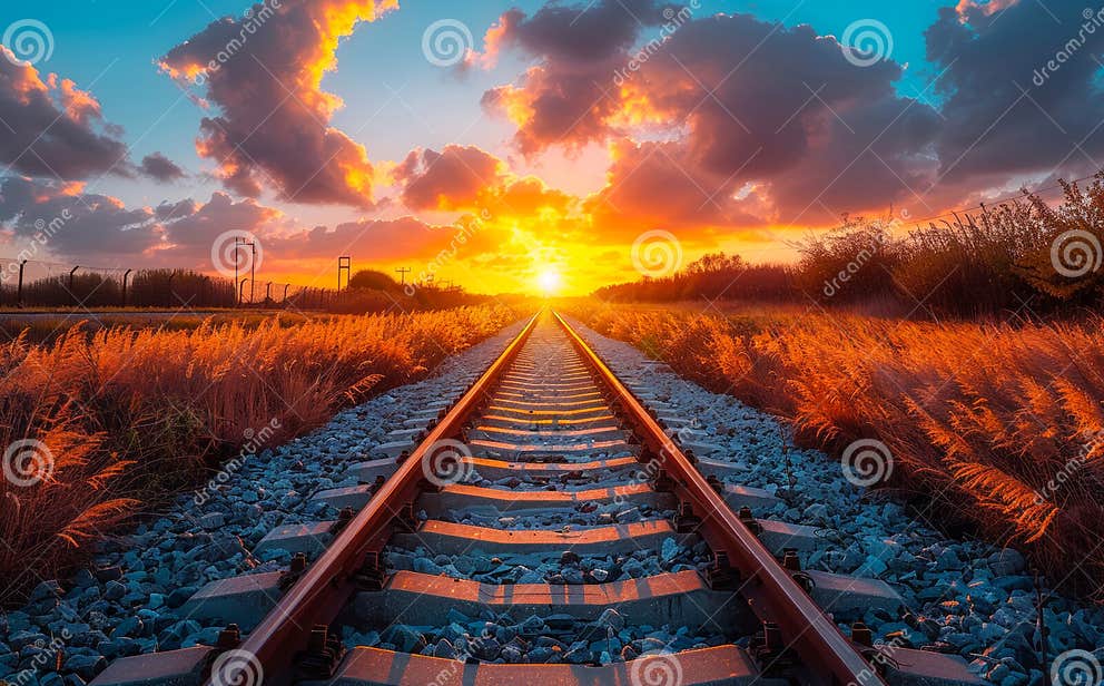A Train Track with a Sunset in the Background. the Sun is Setting and ...