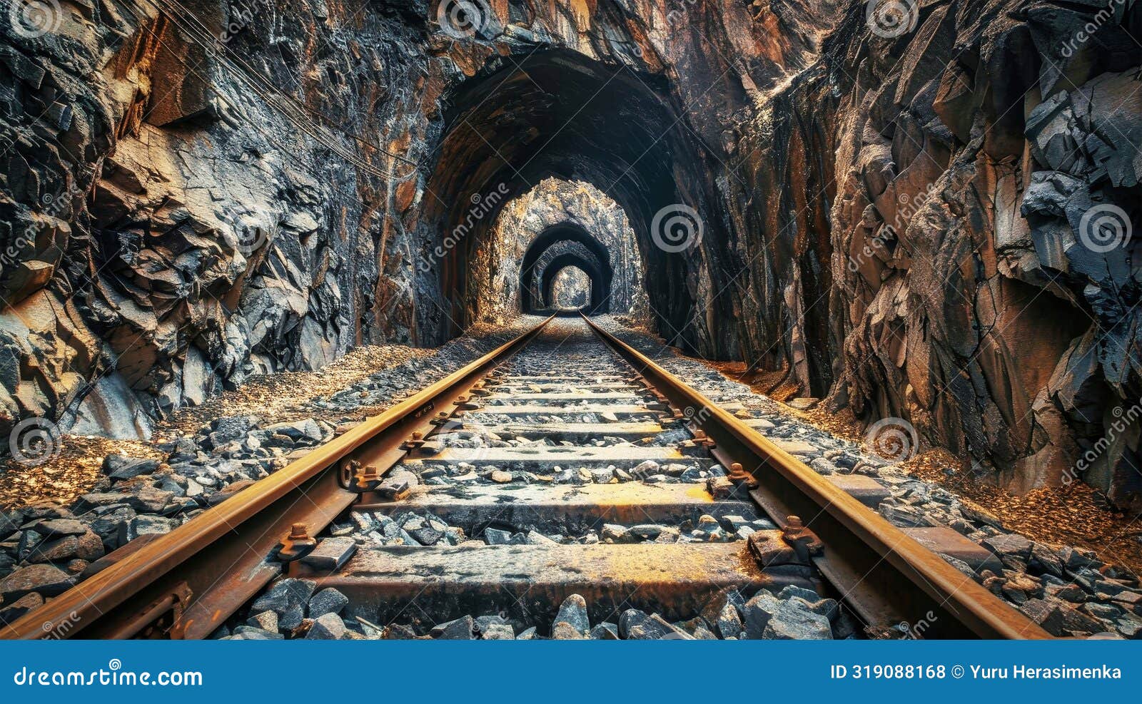 A Train Track Weaves Its Way through the Darkness of a Tunnel Deep ...