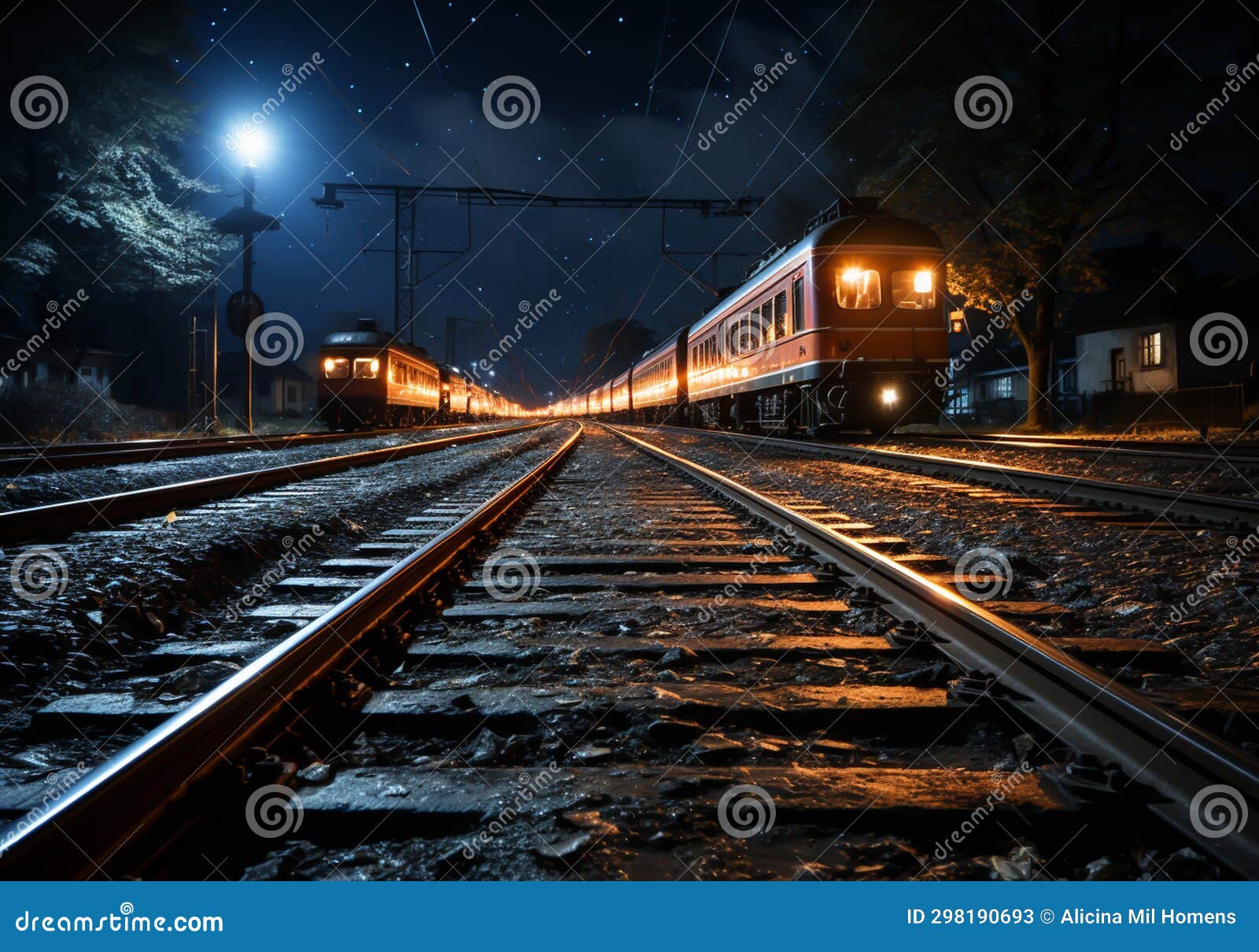 Train Tracks on a Dark Night. Transport Stock Image - Image of ...