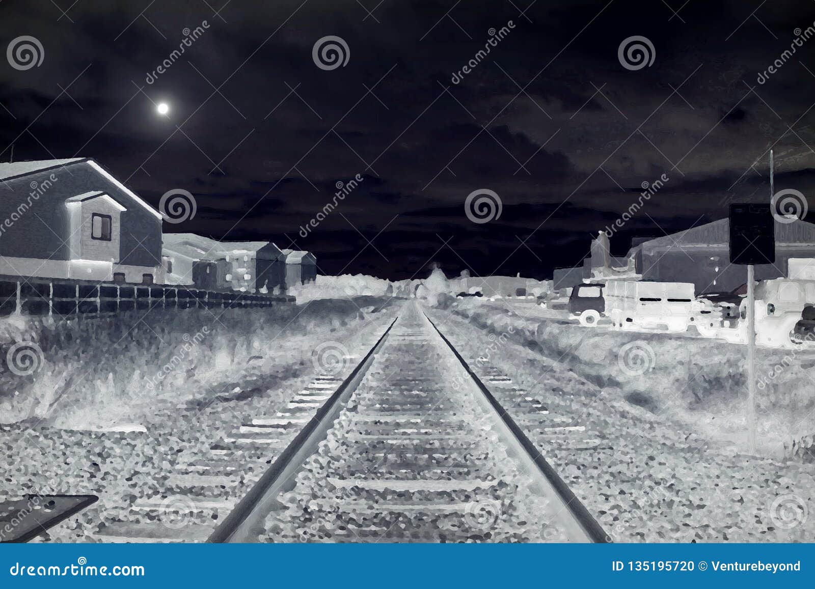 Train tracks by moonlight stock illustration. Illustration of iron ...