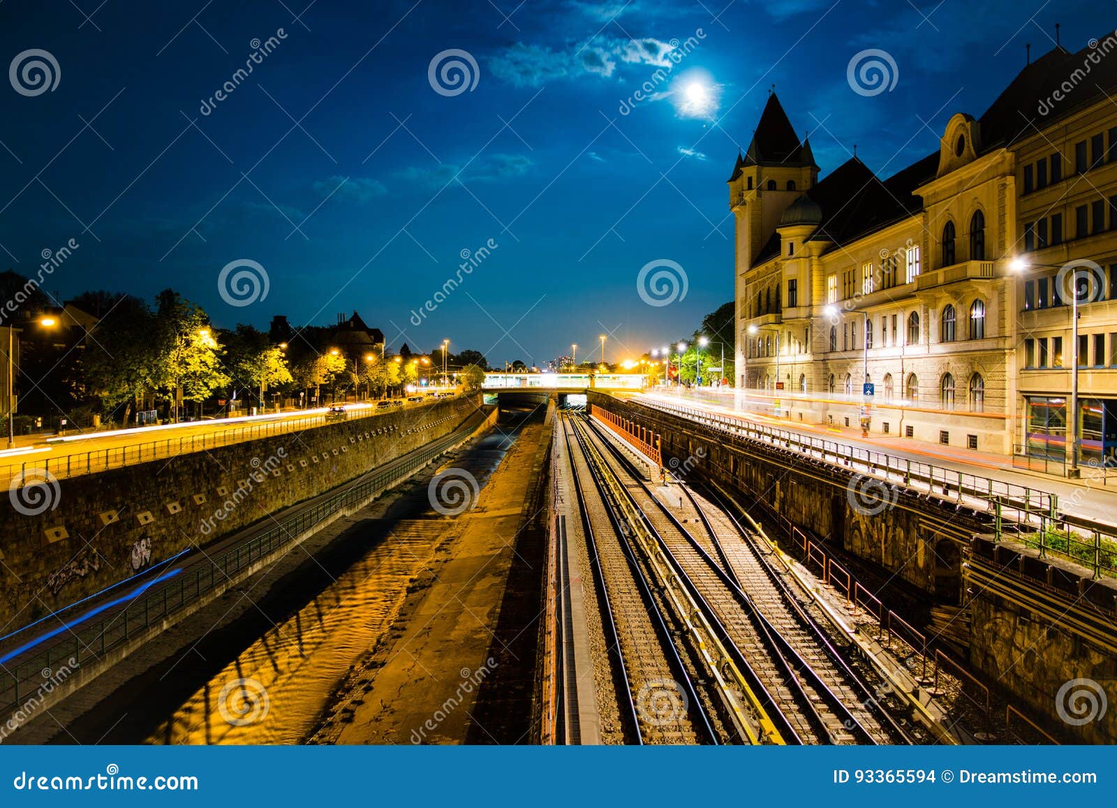 Train tracks at night stock photo. Image of travel, austria - 93365594