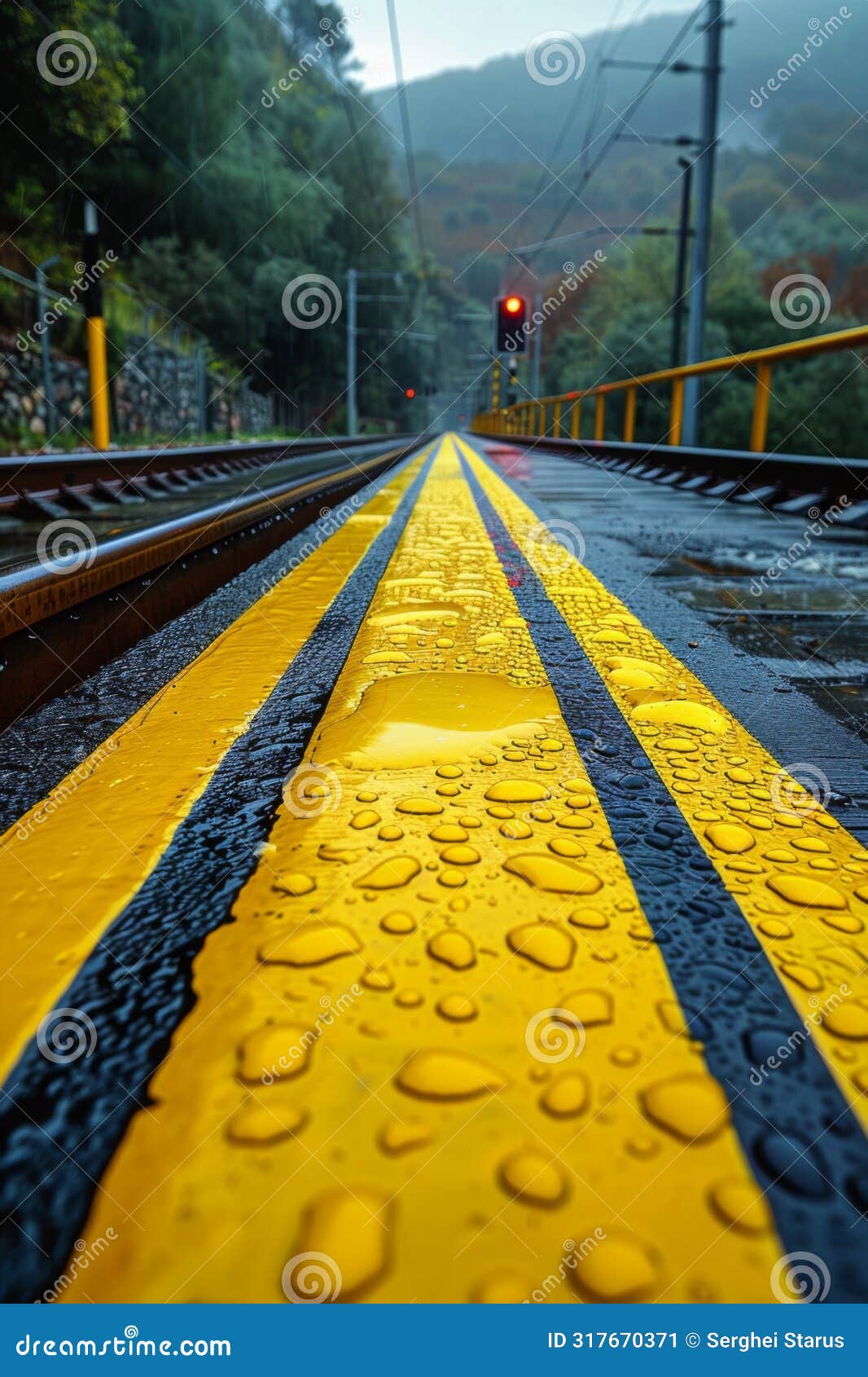 A Train Tracks with Water Droplets on Them and a Yellow Line, AI Stock ...