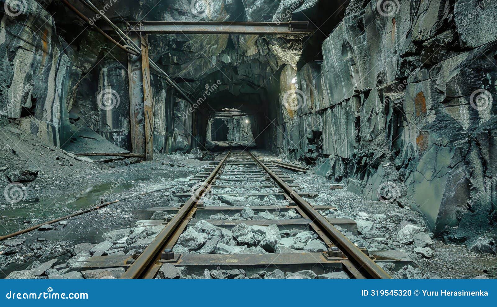 Train Tracks Wind through a Dark Tunnel, Surrounded by Towering Rocks ...