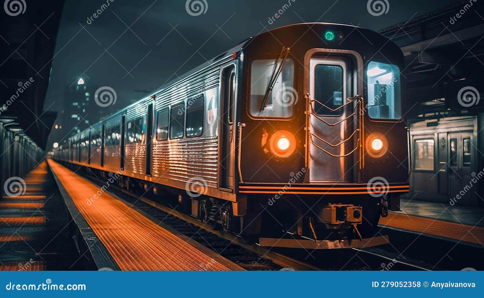 A Train on a Train Track at Night. Generative AI Image. Stock ...