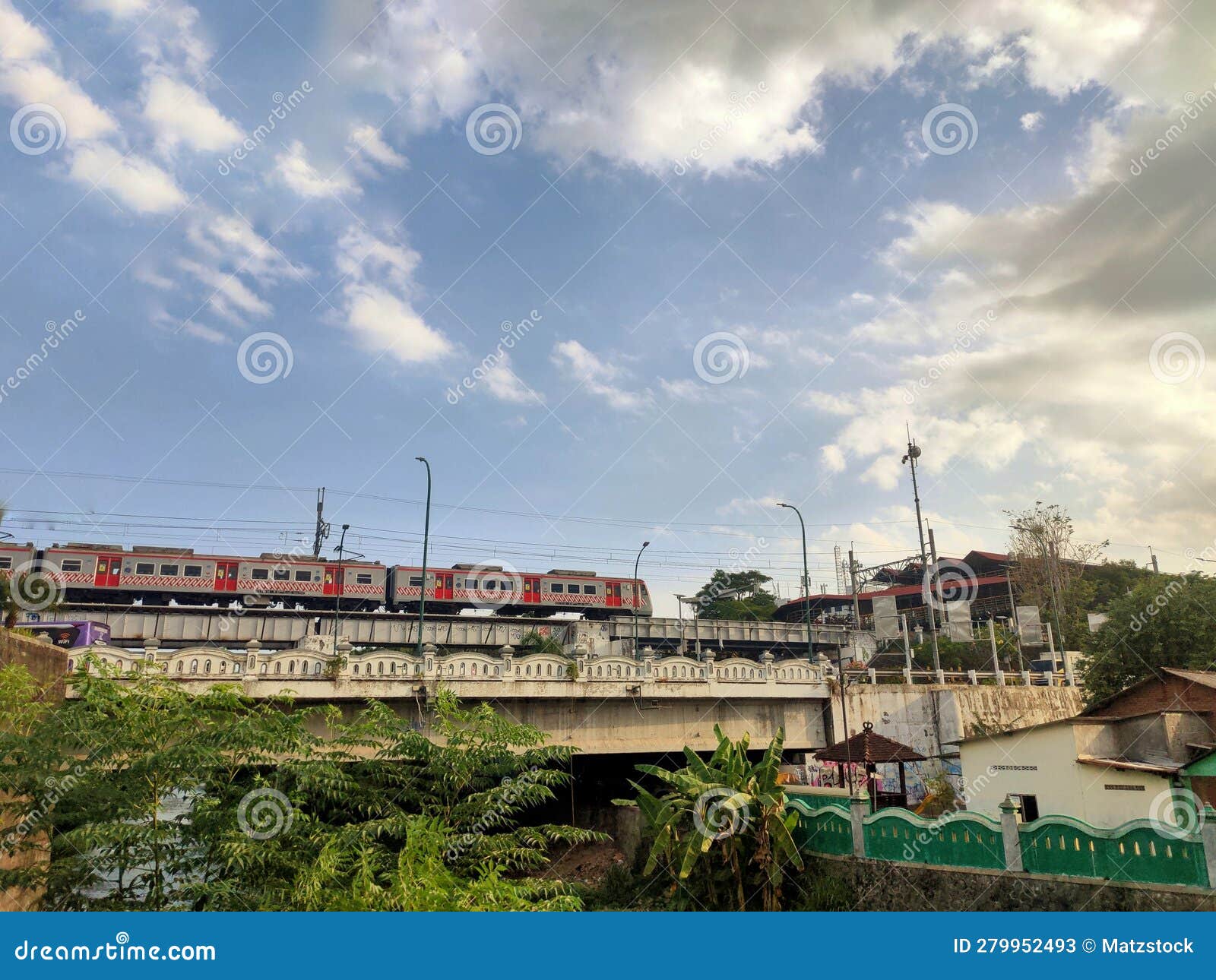 Train Travel through the City Bridge Stock Image - Image of cloudy ...