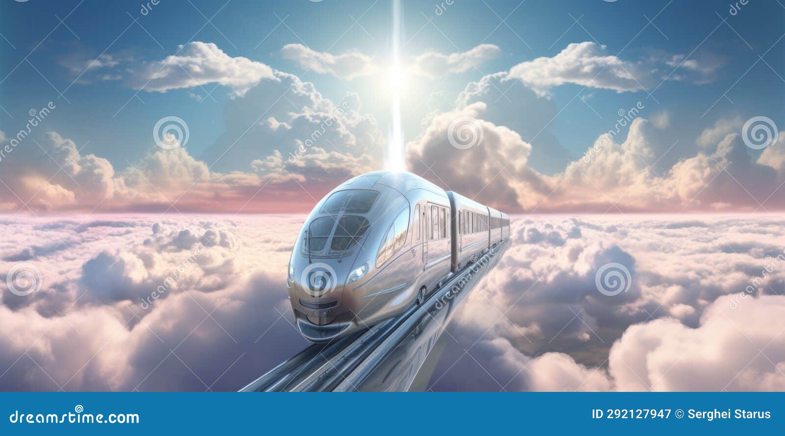 A Train Traveling through the Clouds with a Sun Shining, AI Stock Image ...