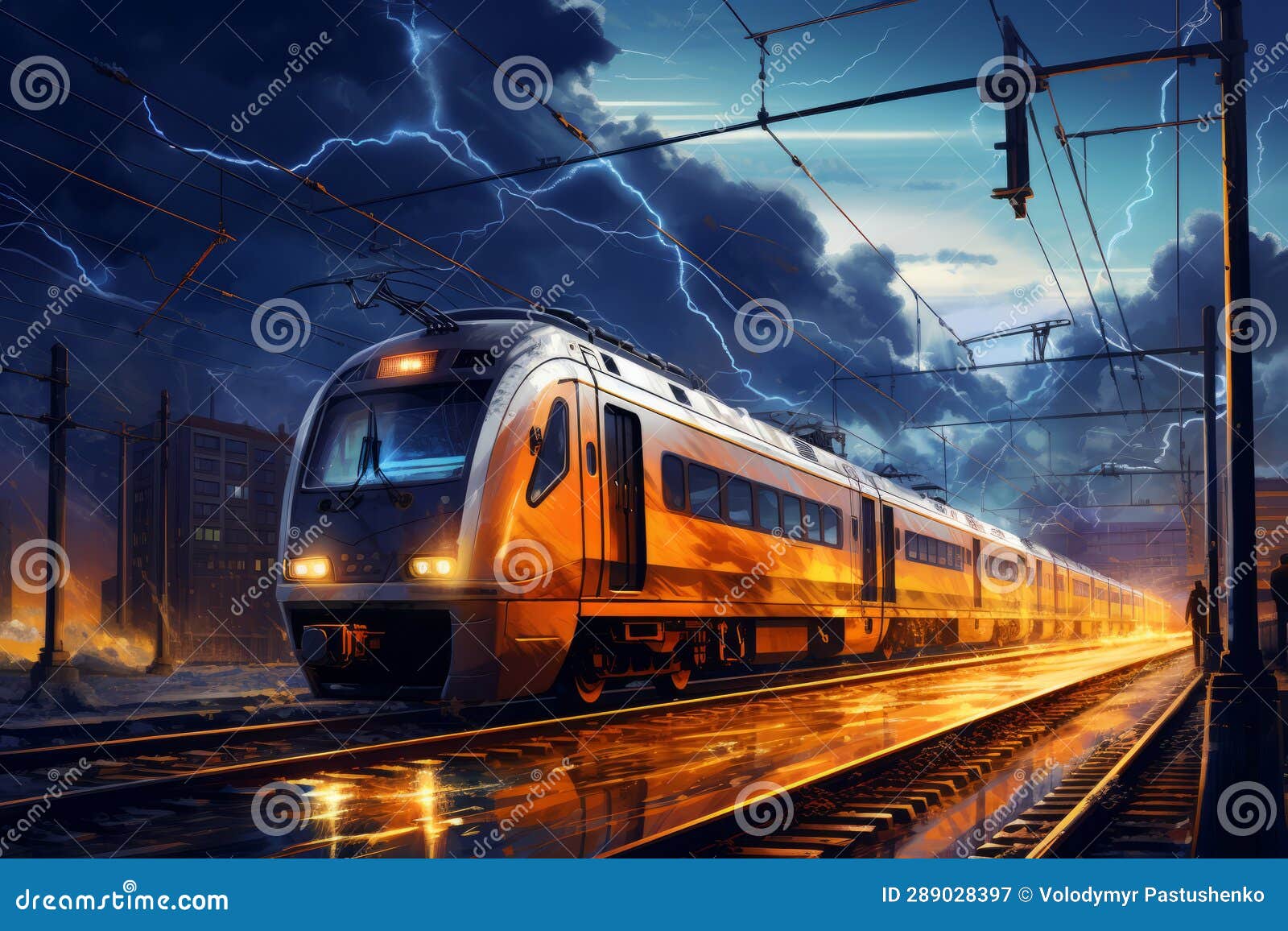 Train is Traveling Down the Tracks Under Cloudy Sky with Lightning ...