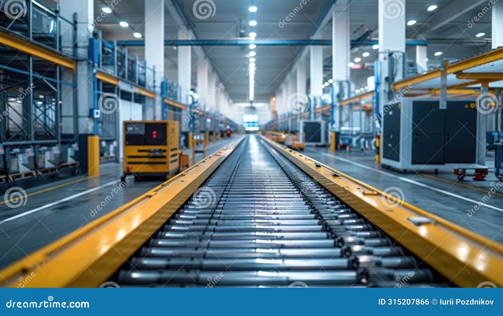 A Train Travels Down Parallel Tracks Inside a Warehouse Stock Photo ...