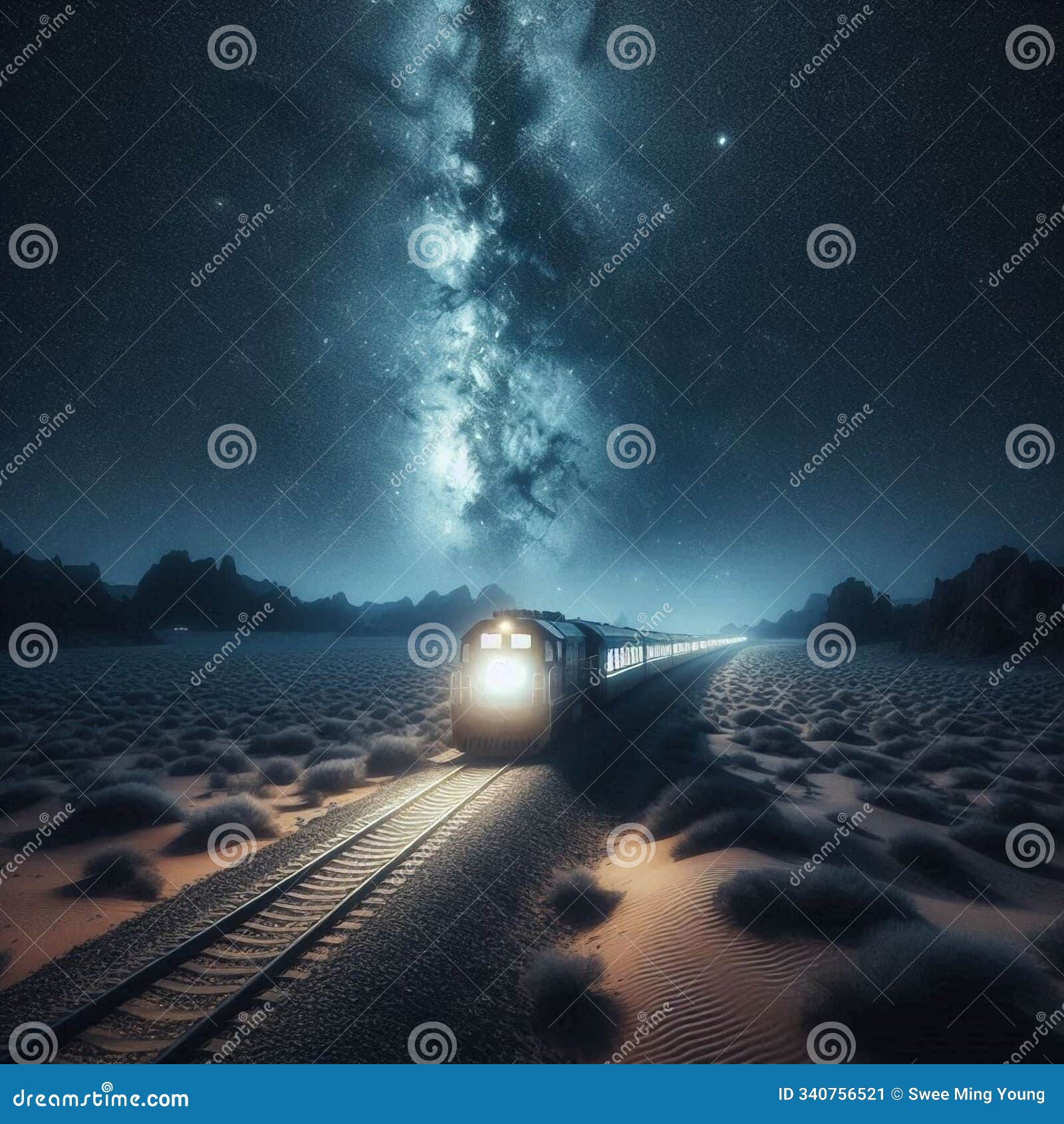A Train Traversing A Desert Landscape Under A Starry Night Sky,with The ...