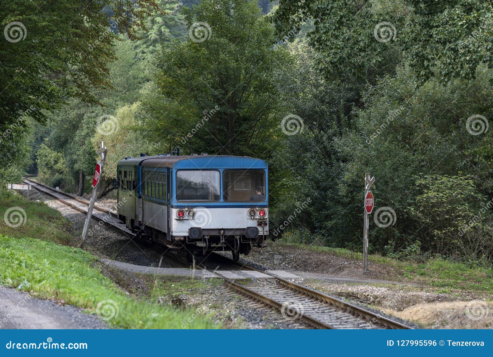 A Train with Two Wagons Passing through a Train Crossing Stock Photo ...