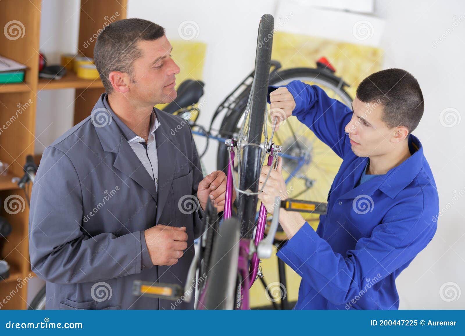 Trainee Mechanic Being Supervised Working on Bicycle in Workshop Stock ...