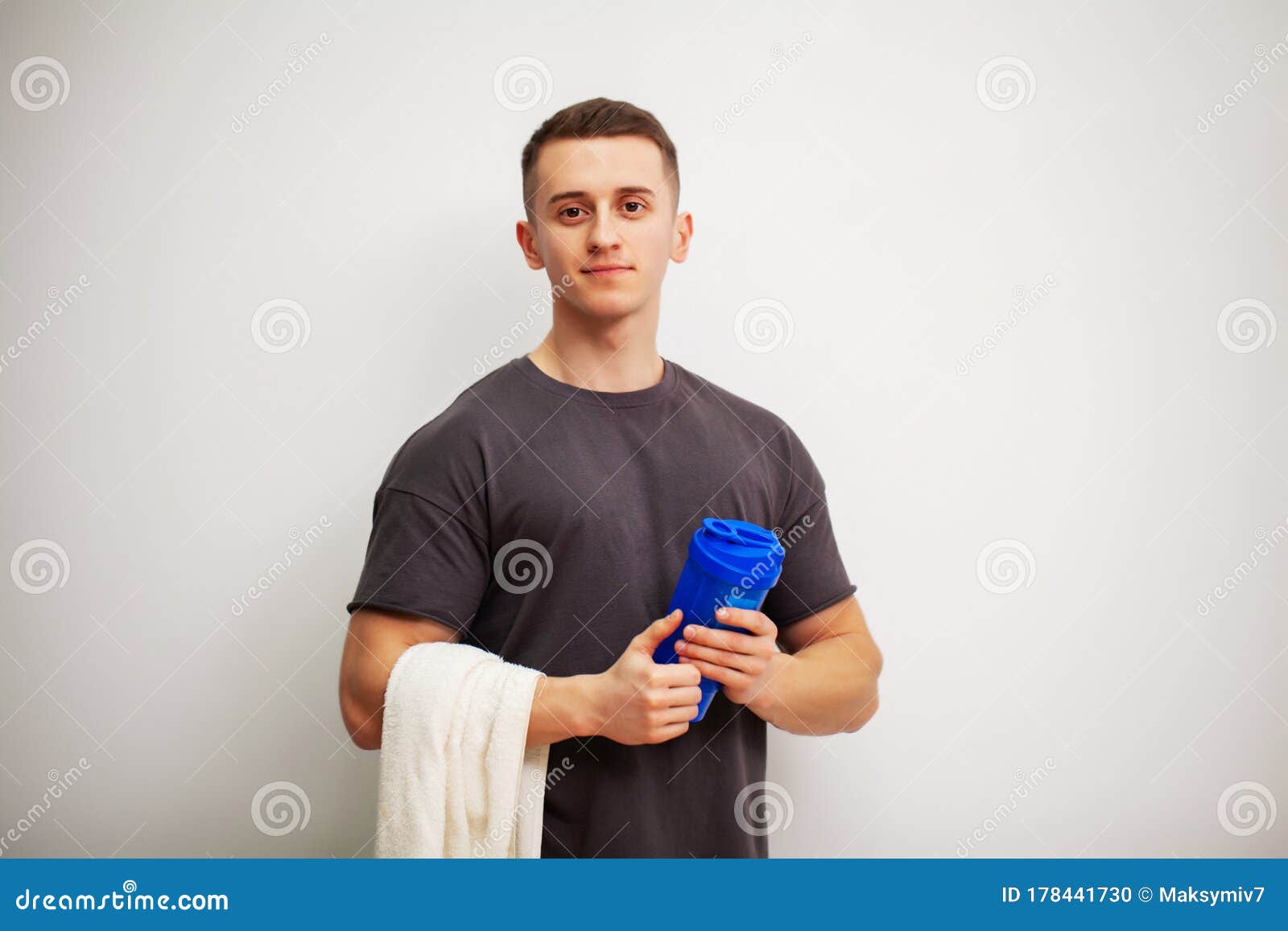Trainer Prepares a Protein Shake in the Shaker after Training. Stock ...