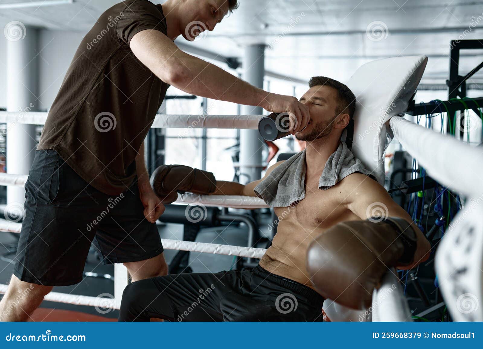 Trainer Refreshing Young Boxer in Ring Corner Stock Image - Image of ...