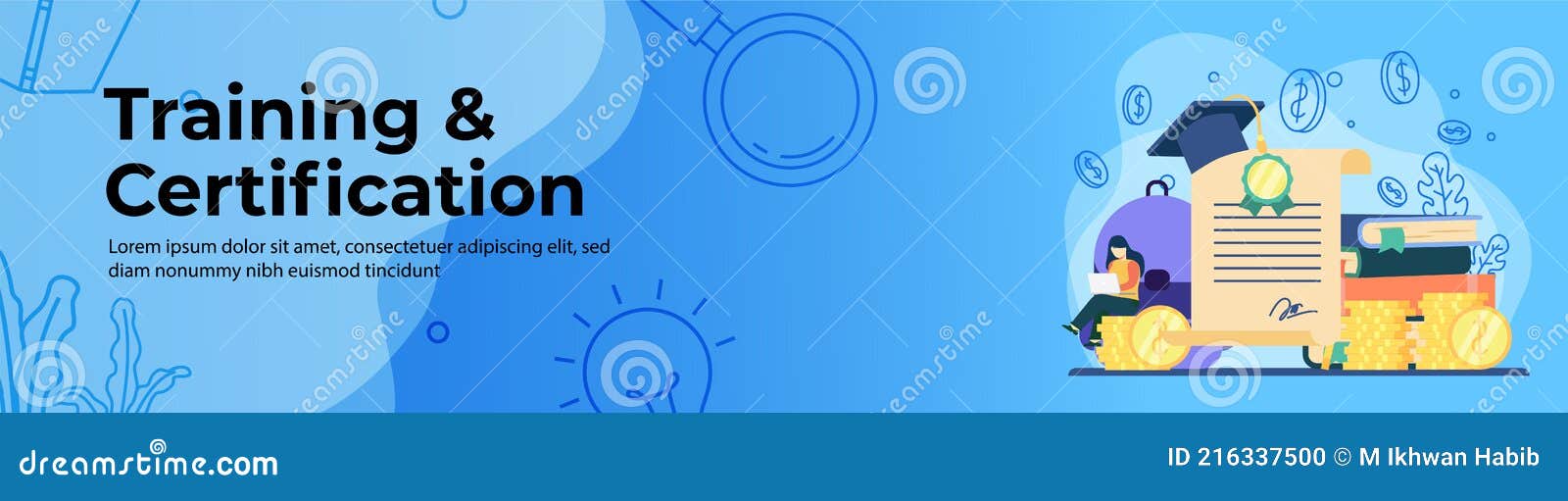 Training and Certification Web Banner Design.Woman Sit on Stack of Coin ...