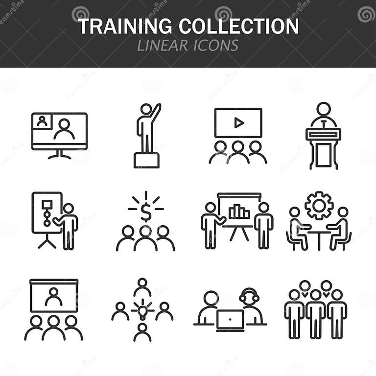 Training Collection Linear Icons in Black on a White Background Stock ...