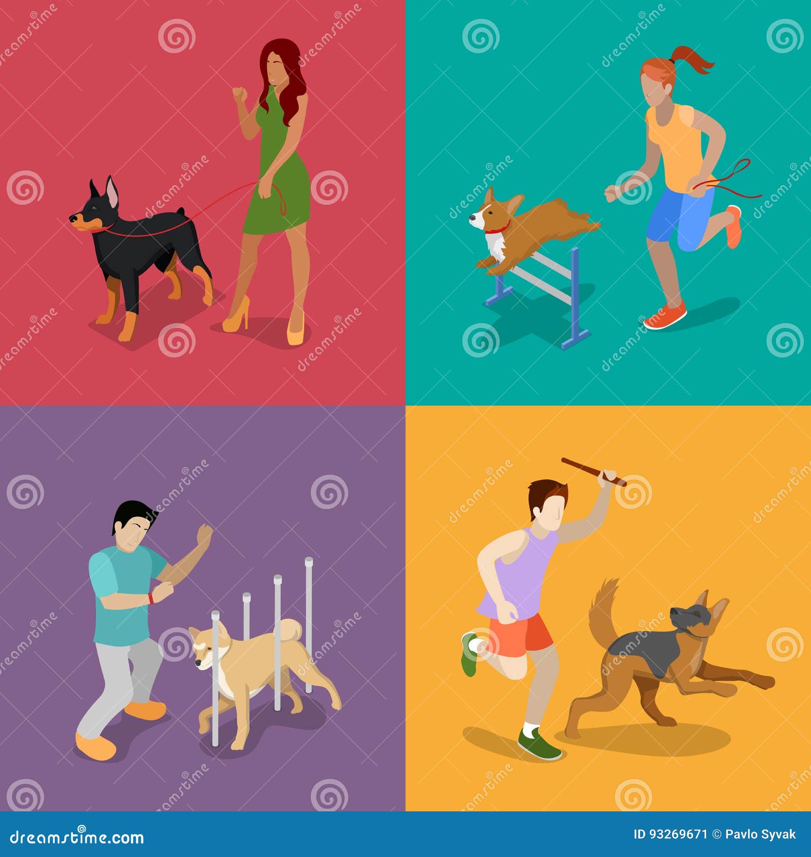 Training Dogs. People with Pets. Isometric Flat 3d Illustration Stock ...