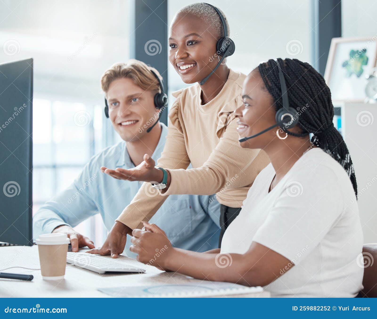 Training, Teamwork and Call Center Team in Office on Computer Working ...