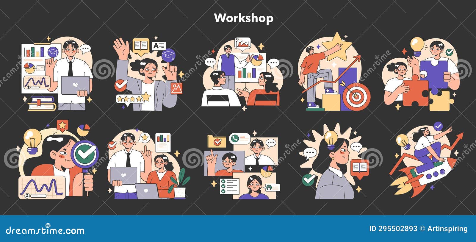 Training Workshop Night or Dark Mode Set. Interactive Training Process Stock Vector ...