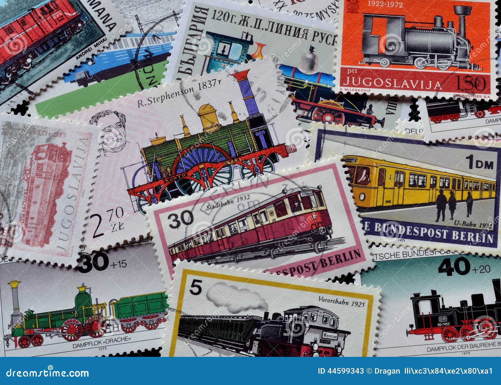 Trains on stamps editorial stock photo. Image of collection - 44599343