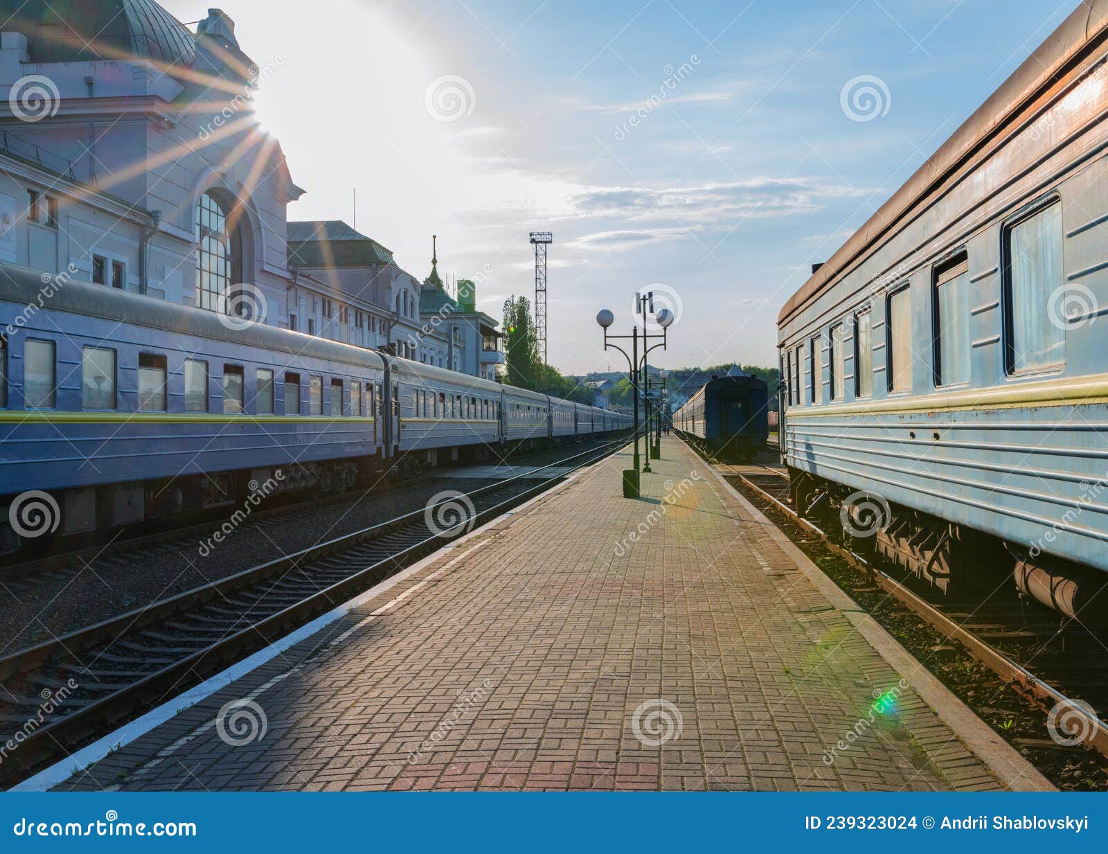 Trains Stand at the Station at Sunrise Time Stock Photo - Image of ...