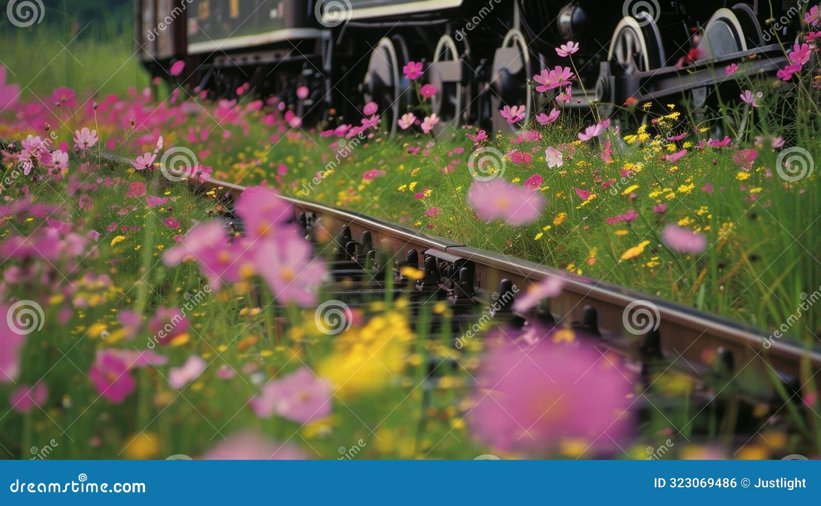 The Trains Wheels Roll through Fields of Blooming Flowers Leaving a ...
