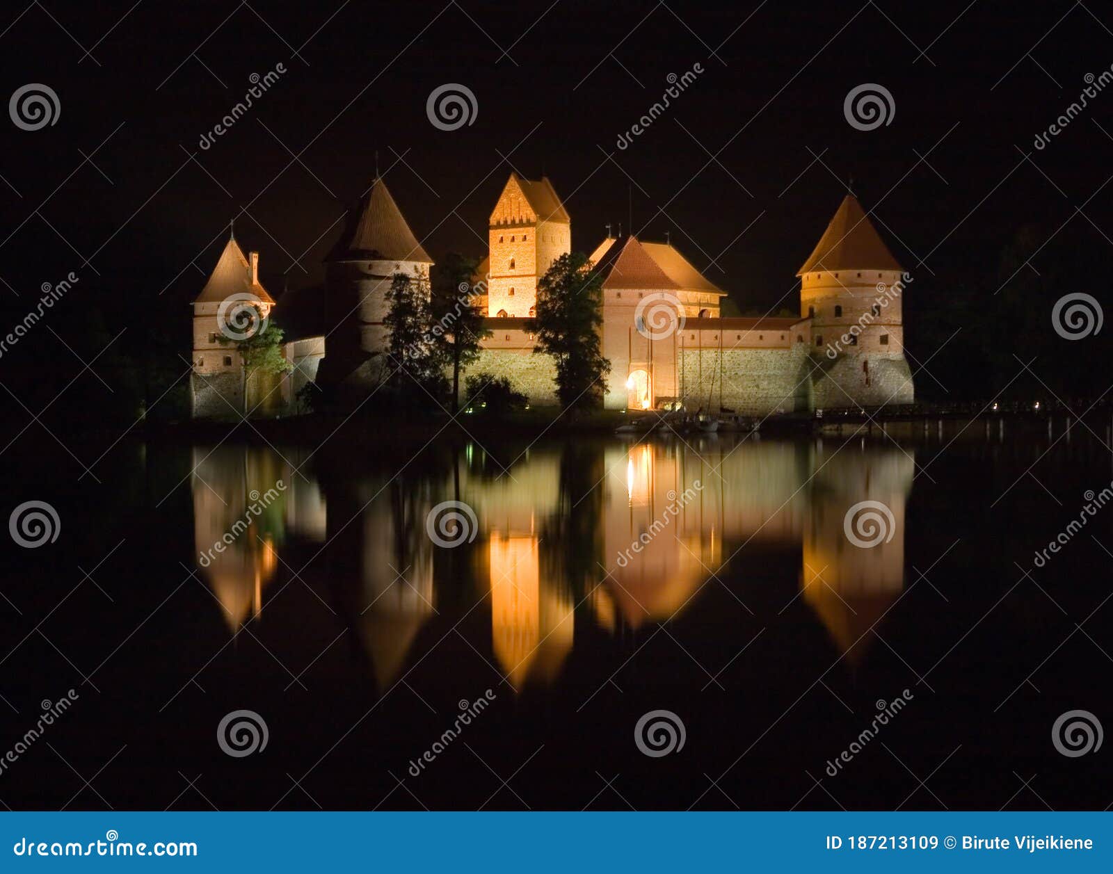 Trakai castle at night stock image. Image of architecture - 187213109