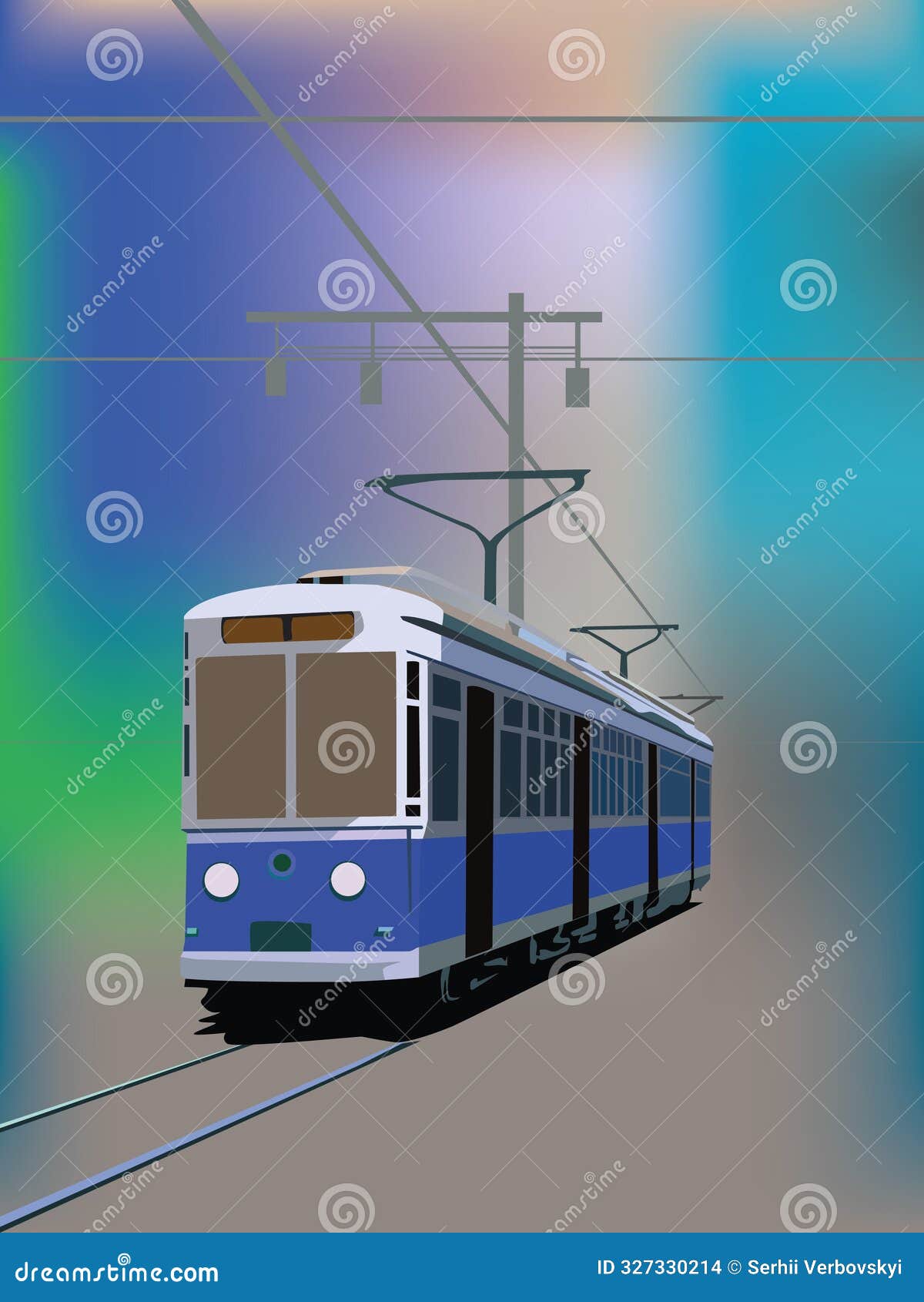 Vector Illustration of a Blue Tram on a Background of Blue Sky. Stock ...