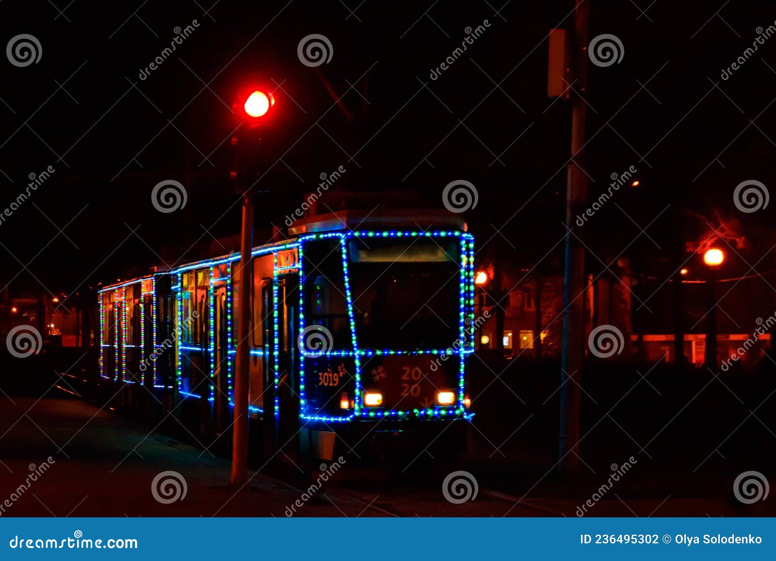 Tram Decorated in Christmas Lights at Night Editorial Photography ...