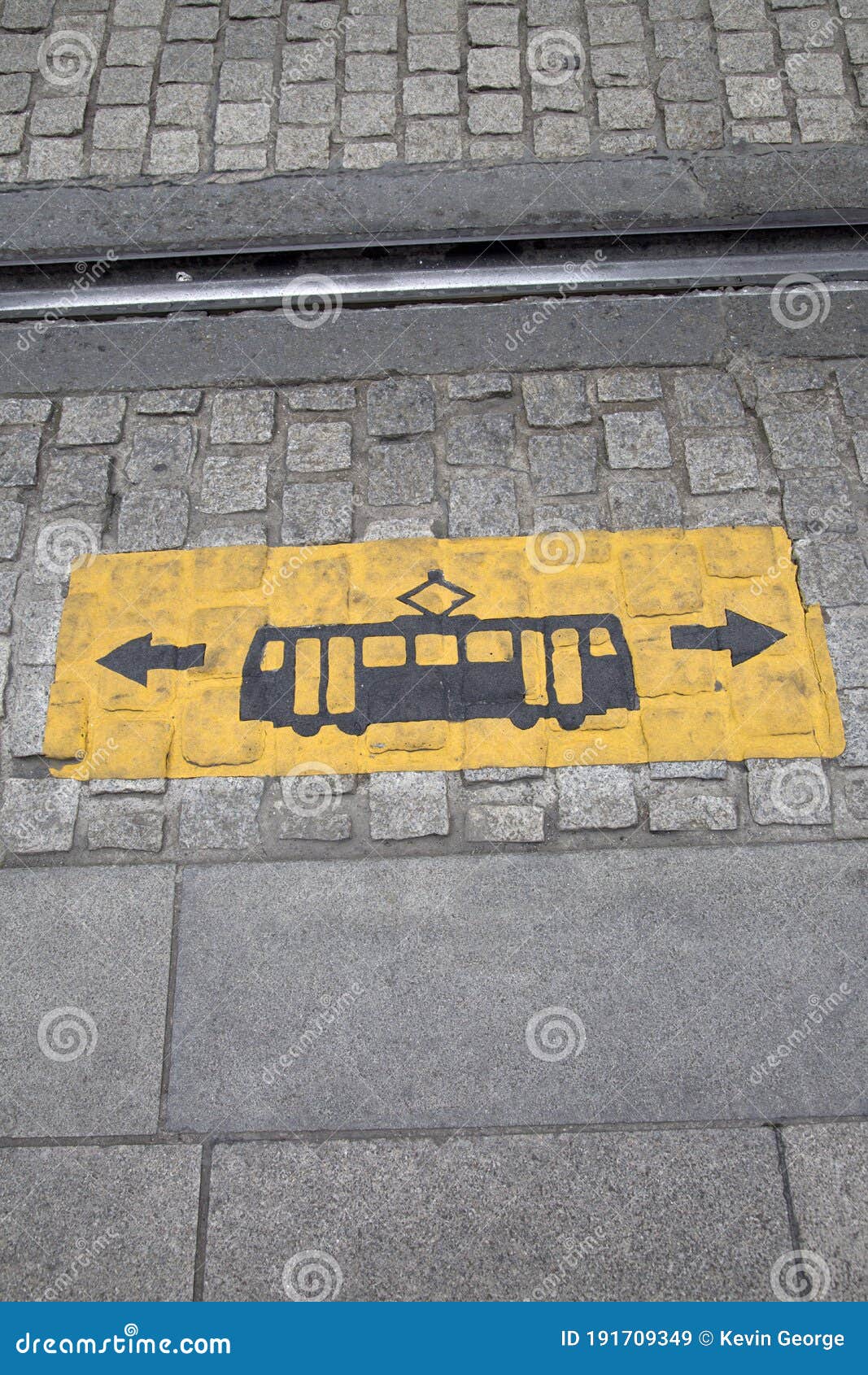 Tram Sign on Road stock image. Image of cobblestone - 191709349