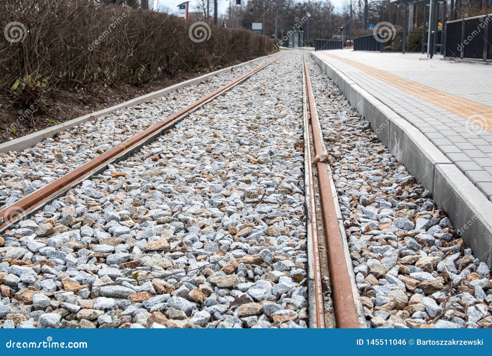 Tram tracks in the city stock photo. Image of metal - 145511046