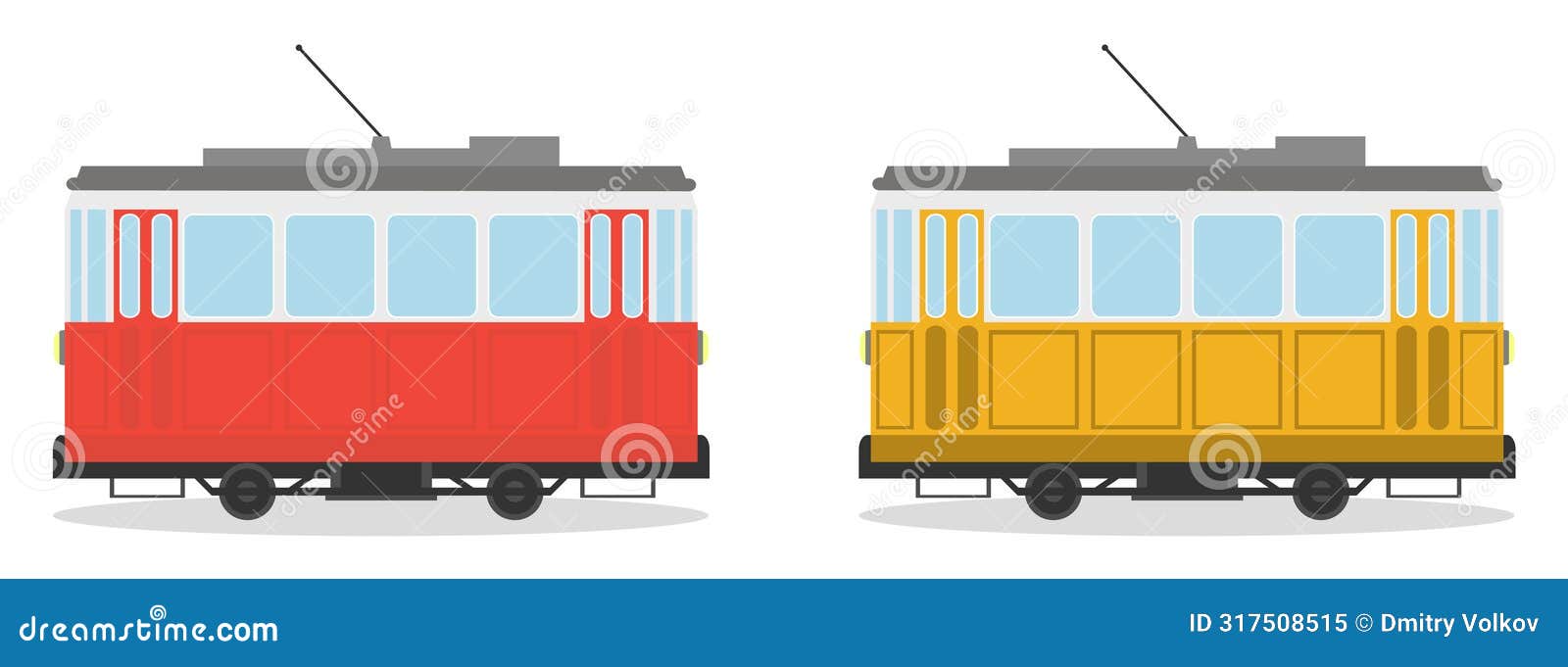 Tram, Two Retro Trams With Shadow Isolated On White Background. Vector ...