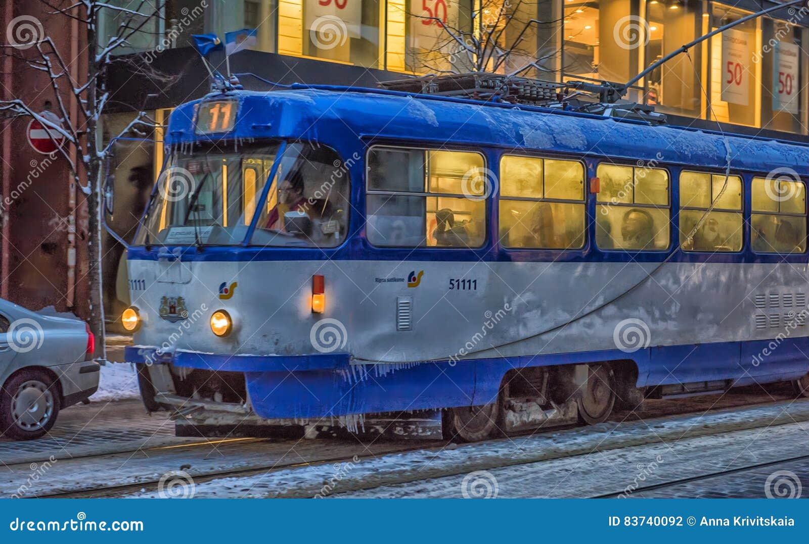 Tram in winter in Riga editorial photography. Image of frost - 83740092