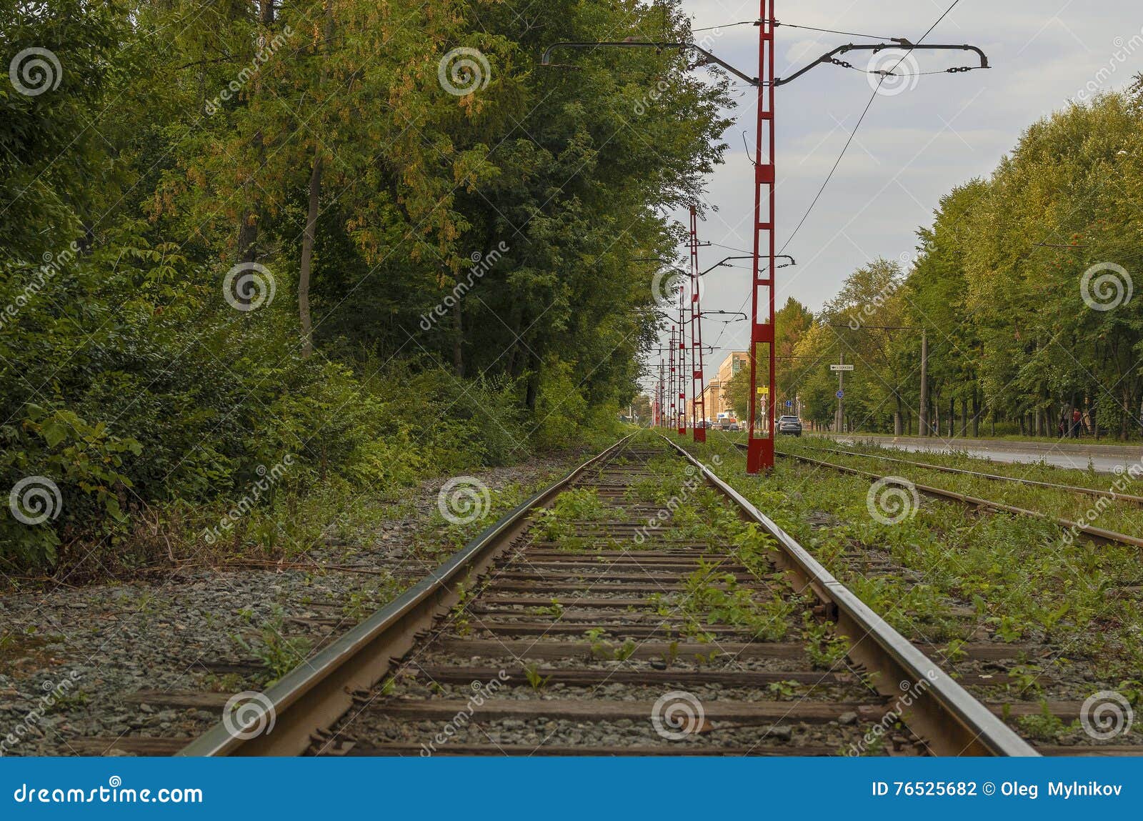 Tramline stock photo. Image of pillars, rails, plants - 76525682
