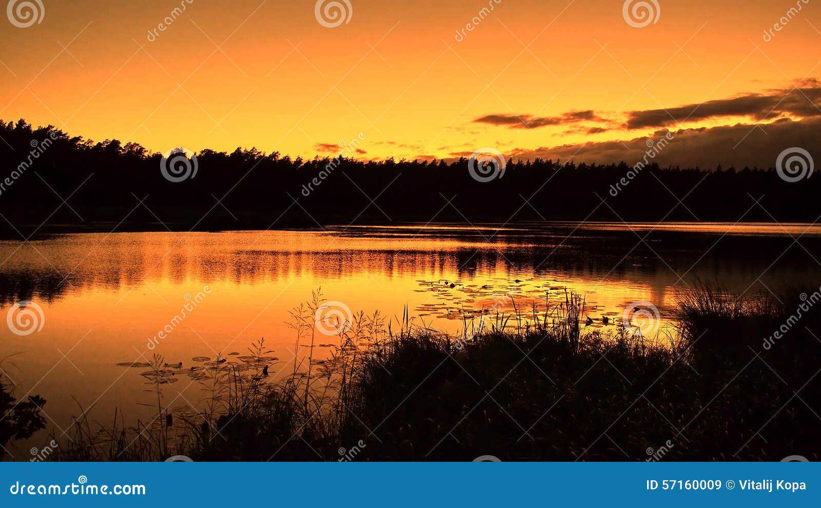 Tramonto arancio sul lago immagine stock. Immagine di estate - 57160009