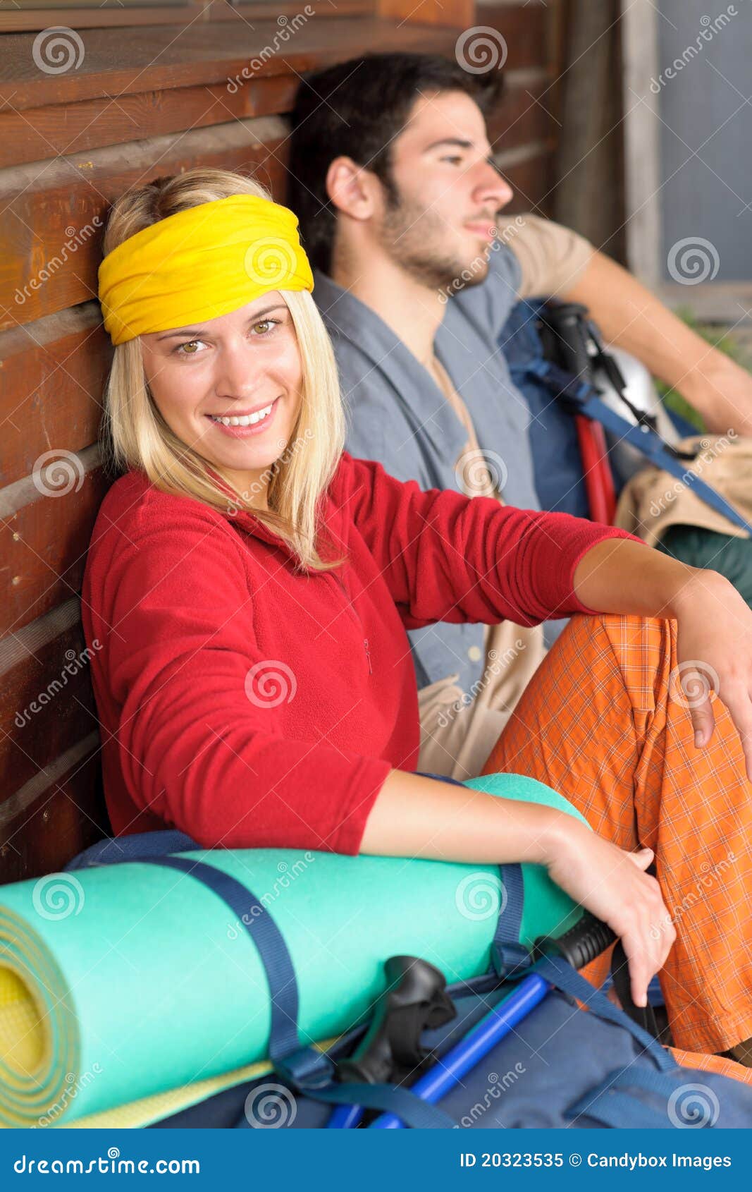Tramping Young Couple Backpack Relax by Cottage Stock Image - Image of ...