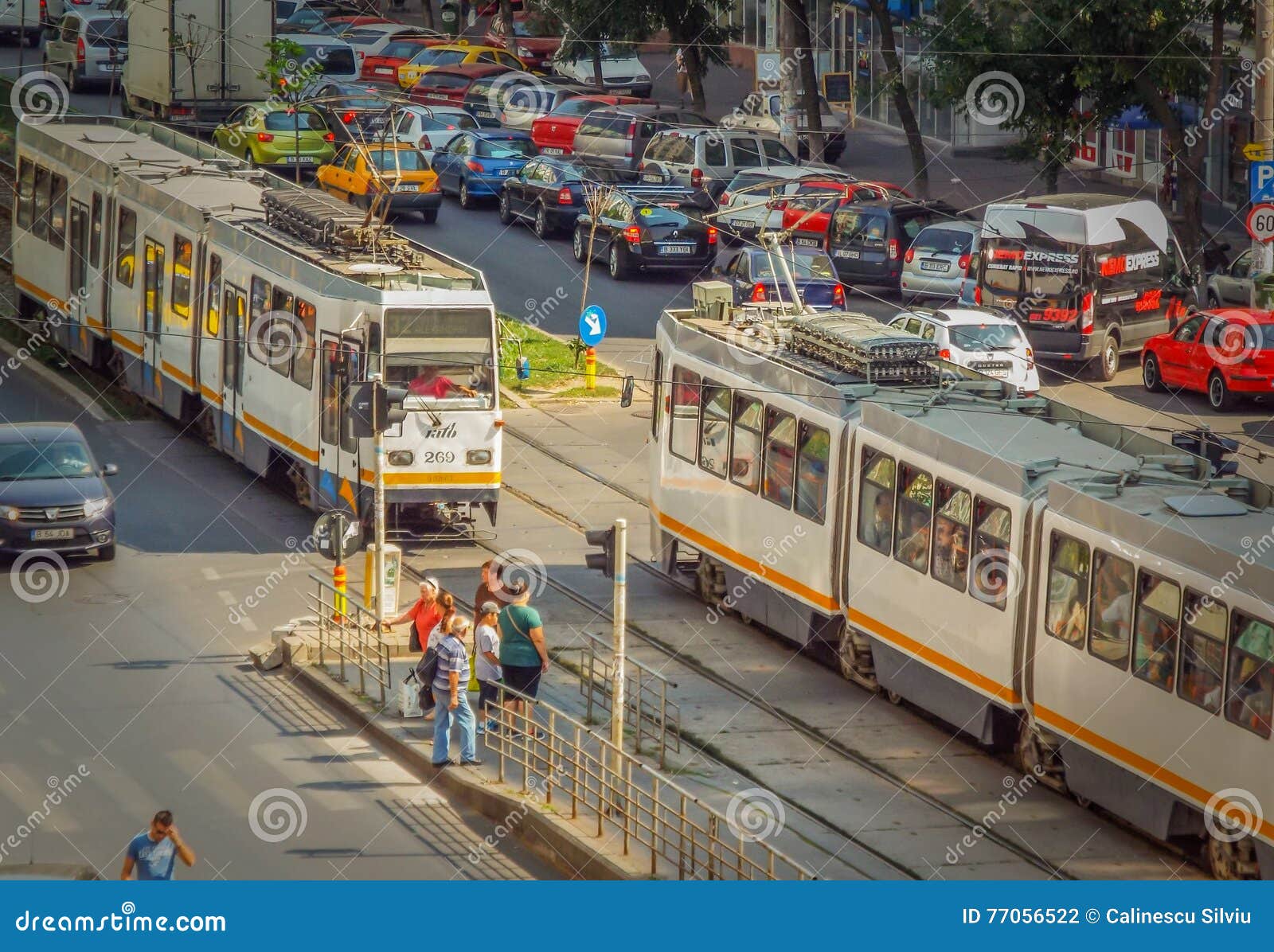 Trams in Bucharest editorial photography. Image of downtown - 77056522