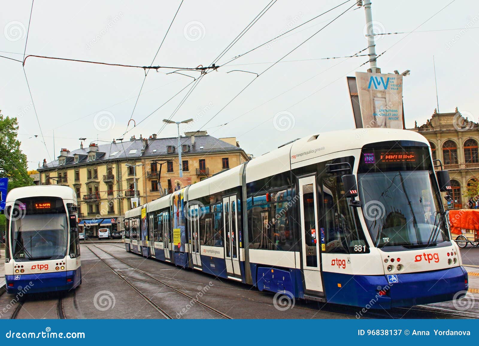 Trams in Geneva editorial photography. Image of square - 96838137