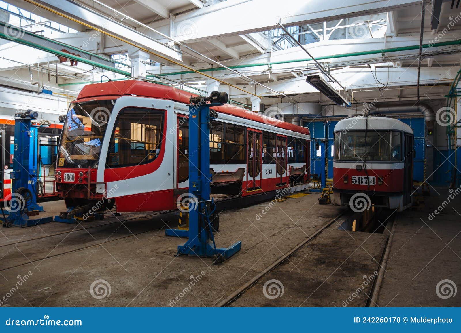 Trams in Service Depot. Maintenance and Repairing of Trams Editorial ...