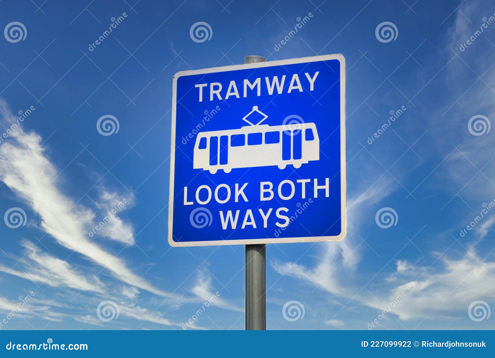 Tramway Safety Blue Sign Look Both Ways Stock Photo - Image of look ...