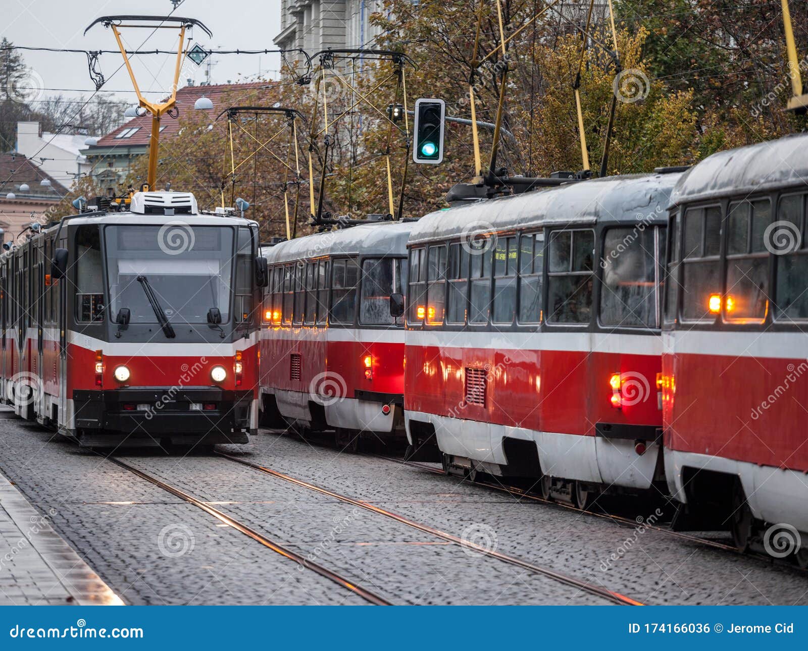Lines of Trams Queuing during a Rush Hour in a City Center of a Central ...