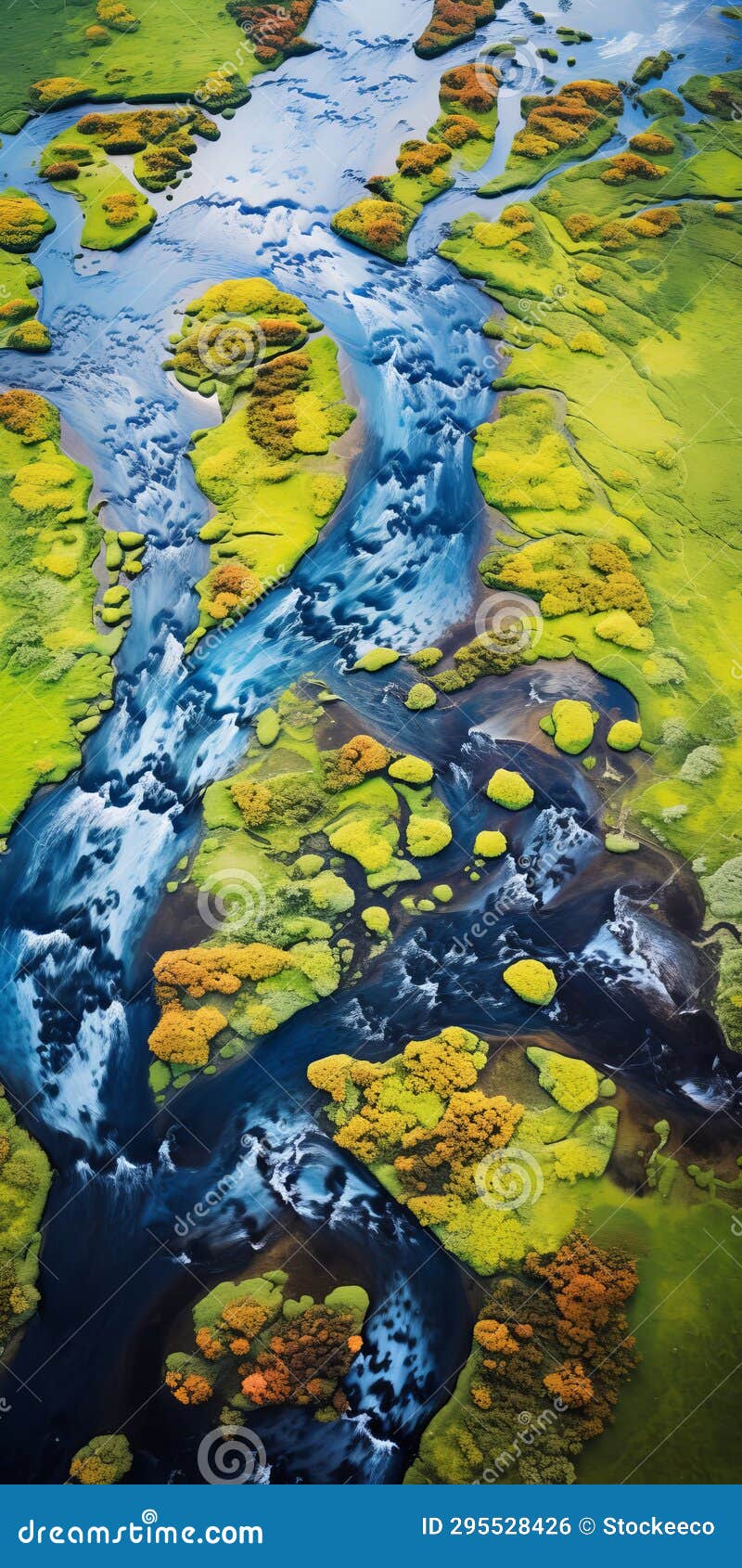 Tranquil Aerial View of Vibrant River and Green Land Stock Illustration ...