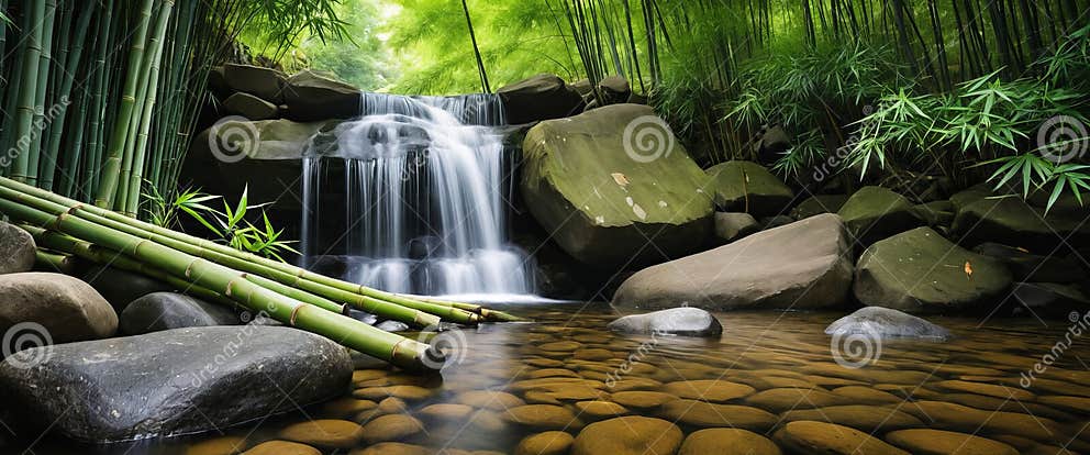 Tranquil Bamboo Forest Waterfall with Clear Stream and Smooth Stones ...