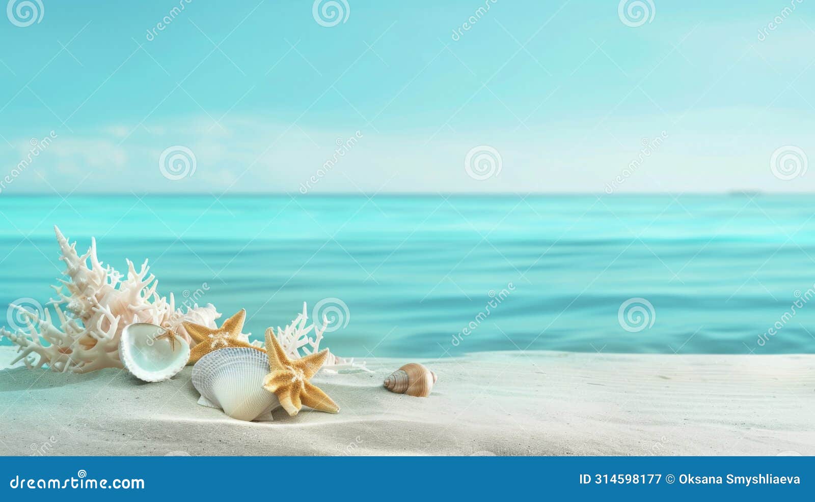 Tranquil Beach Scene with Shells and Starfish on Sandy Shore Stock ...