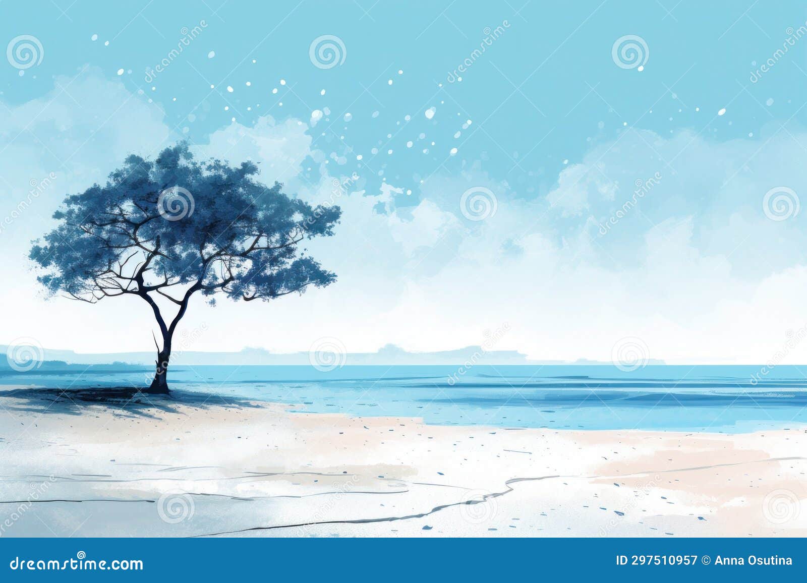 Tranquil Blue Landscape with Tree, Background, Card Stock Illustration ...