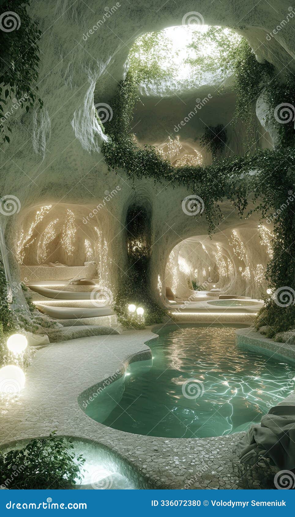 A Serene Underground Spa with Glowing Pools and Natural Rock Formations ...
